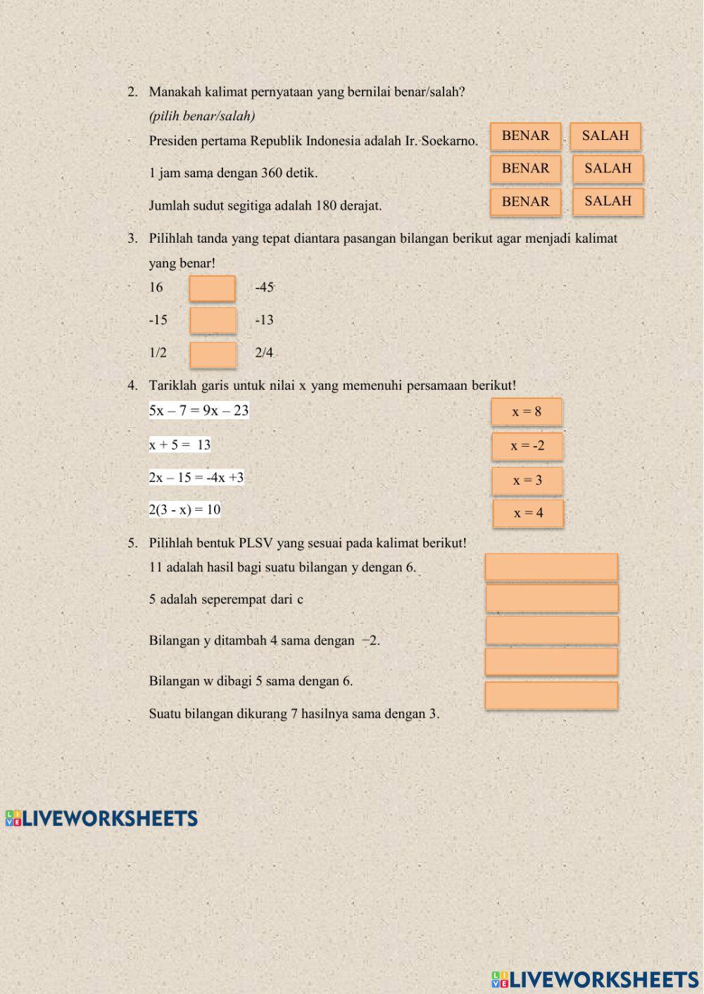 Pertemuan 1 PLSV worksheet | Live Worksheets