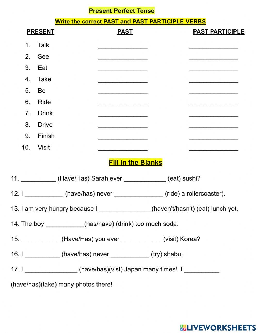Present Perfect | Free Interactive Worksheets | 1396979