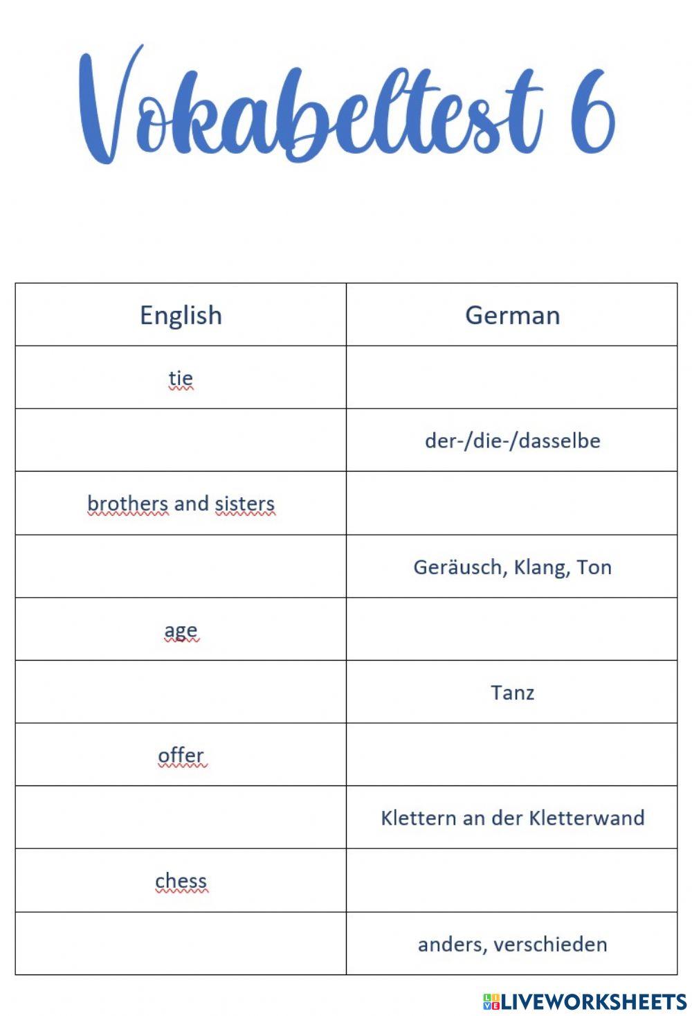 Vokabeln 6 worksheet | Live Worksheets