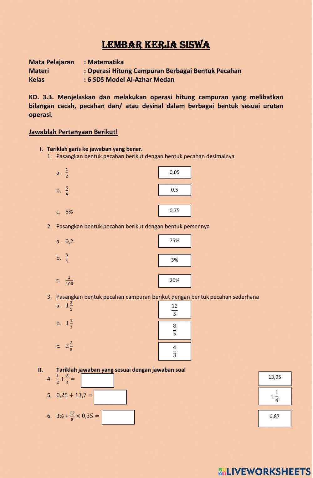 Operasi hitung campuran pecahan activity | Live Worksheets