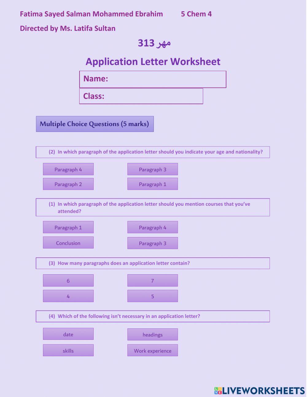 Application letter interactive exercise for كيم 4 | Live Worksheets