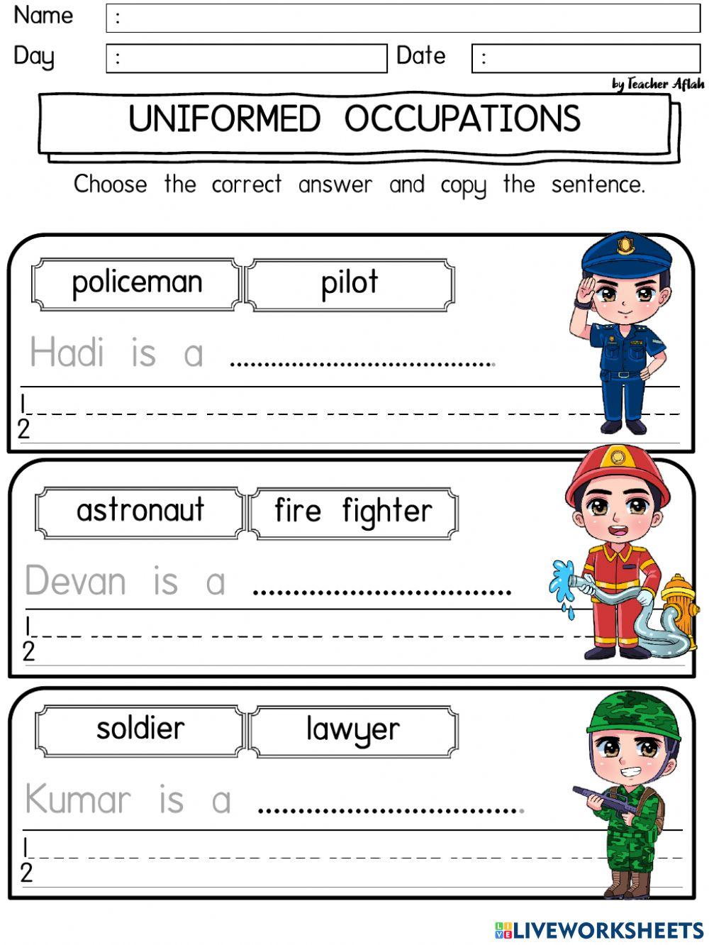 Uniform occupations interactive worksheet | Live Worksheets