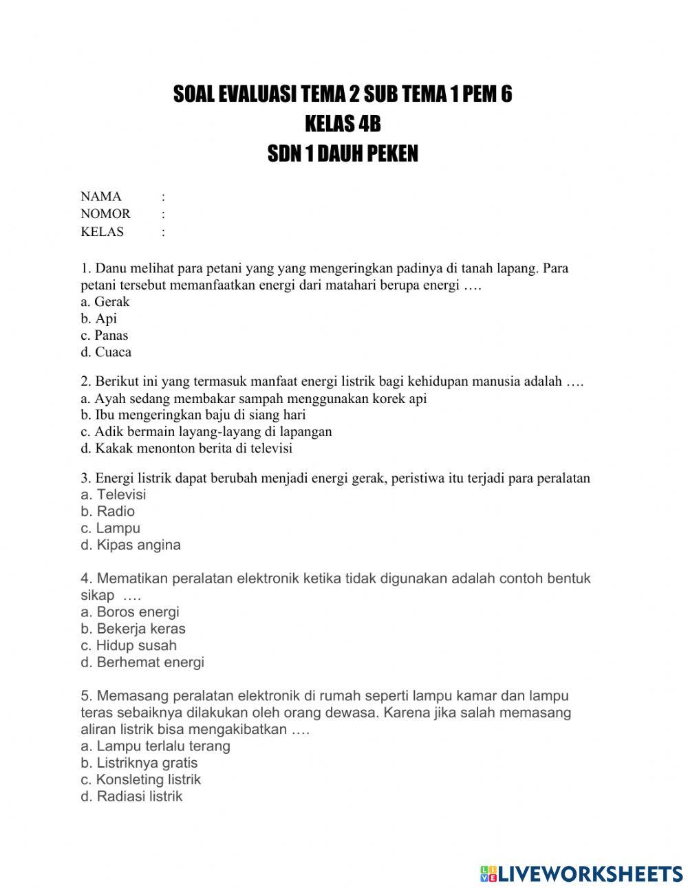 Tema 2 Sub Tema 2 online worksheet | Live Worksheets