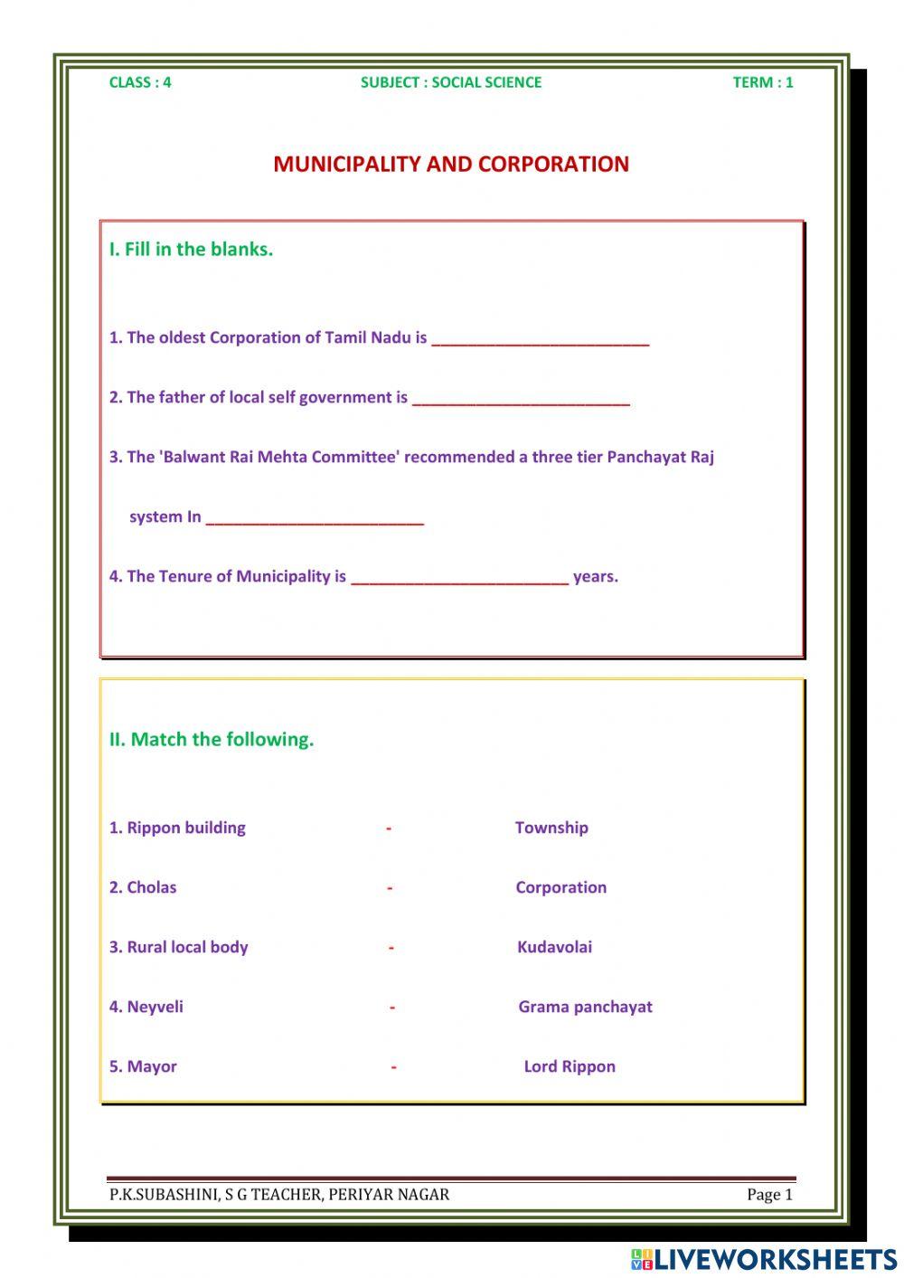 Municipality And Corporation Class 4 Worksheet Live Worksheets municipality-and-corporation-class-4-worksheet-live-worksheets