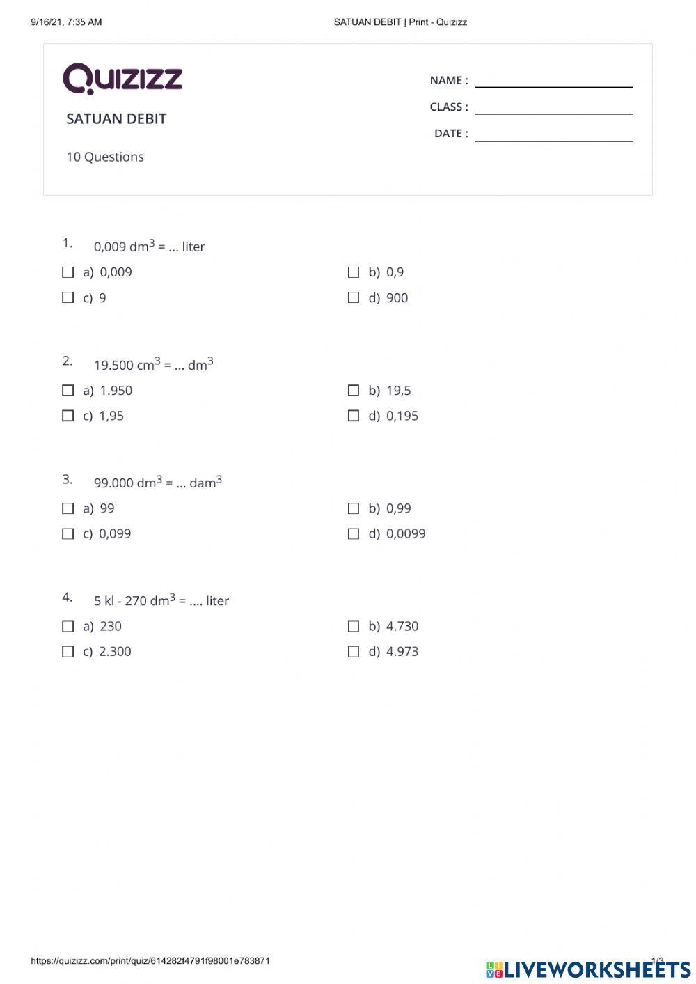 Debit activity | Live Worksheets