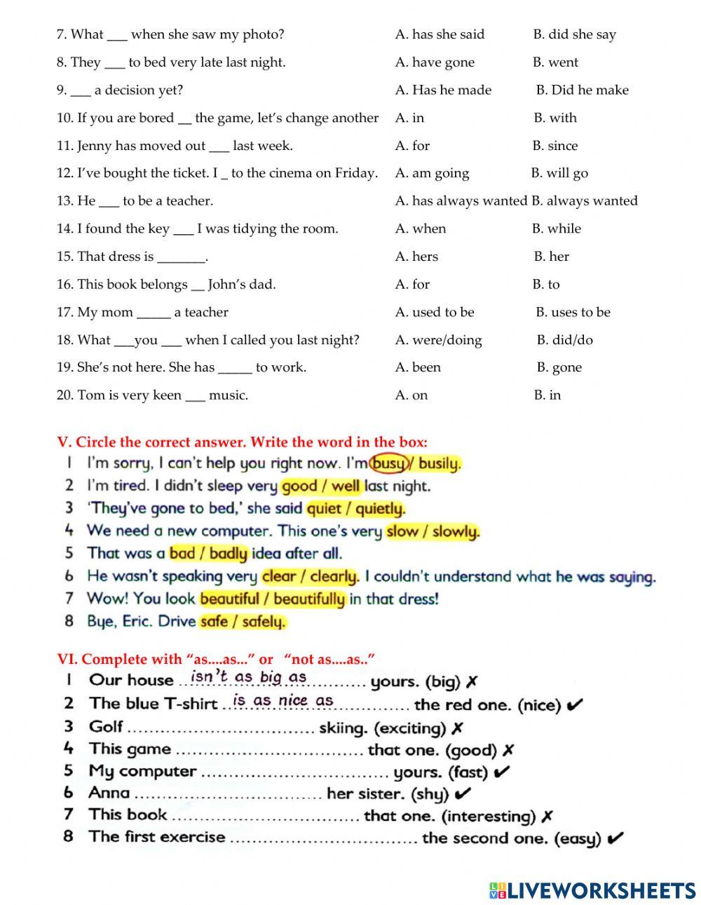 CHECK 6 - tong hop - GRADE 7 worksheet | Live Worksheets
