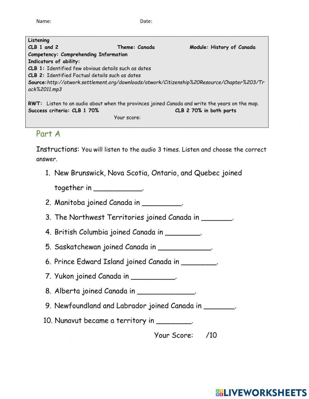 Canada time worksheet | Live Worksheets