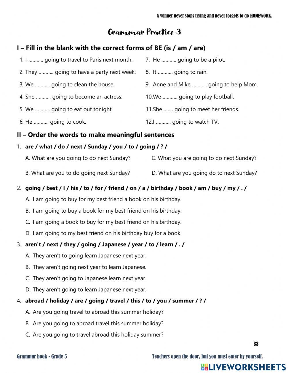 Grade 5-Grammarbook-Week 2-Grammar2-begoing to worksheet | Live Worksheets