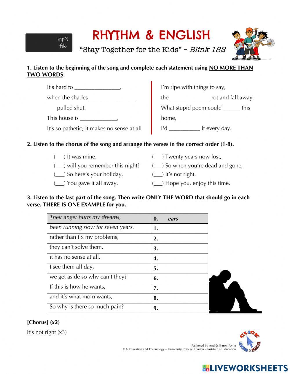 Song - Stay Together for the Kids (by Blink 182) worksheet | Live ...