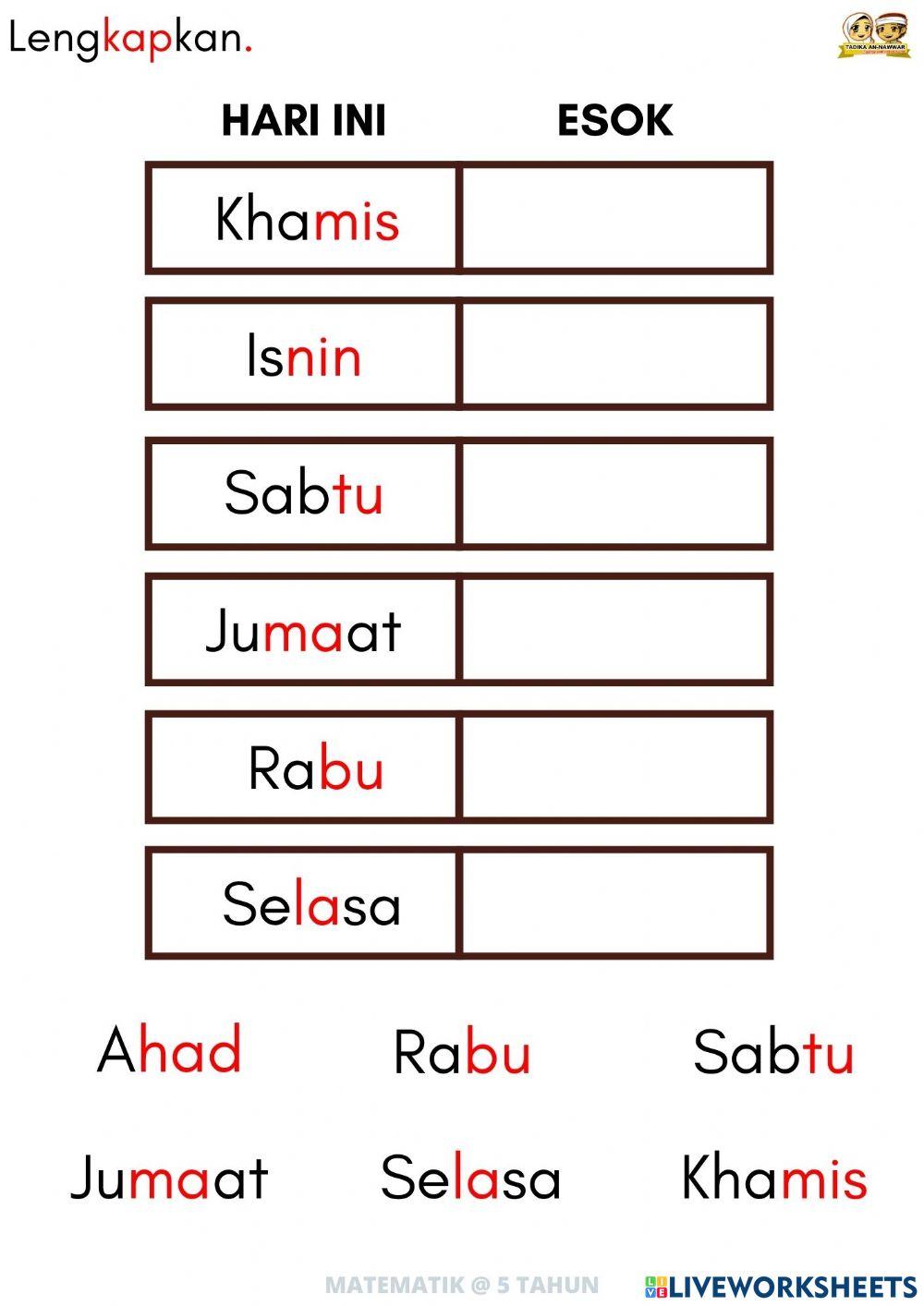 Susunan Hari worksheet | Live Worksheets