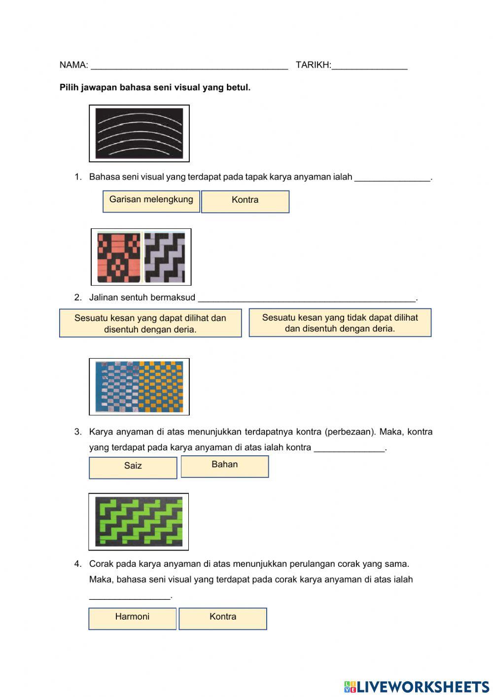 Bahasa seni visual anyaman worksheet | Live Worksheets