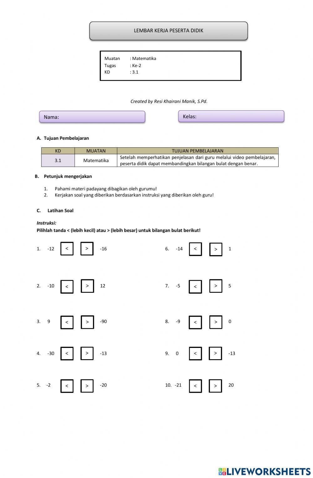 LKPD MTK Bagian ke2 worksheet | Live Worksheets
