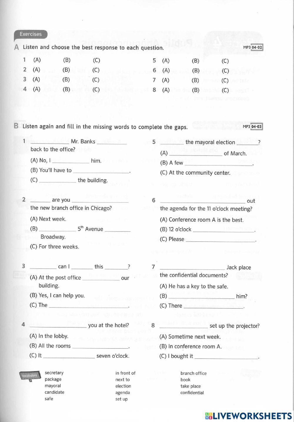 Toeic part 2 | Free Interactive Worksheets | 1401401