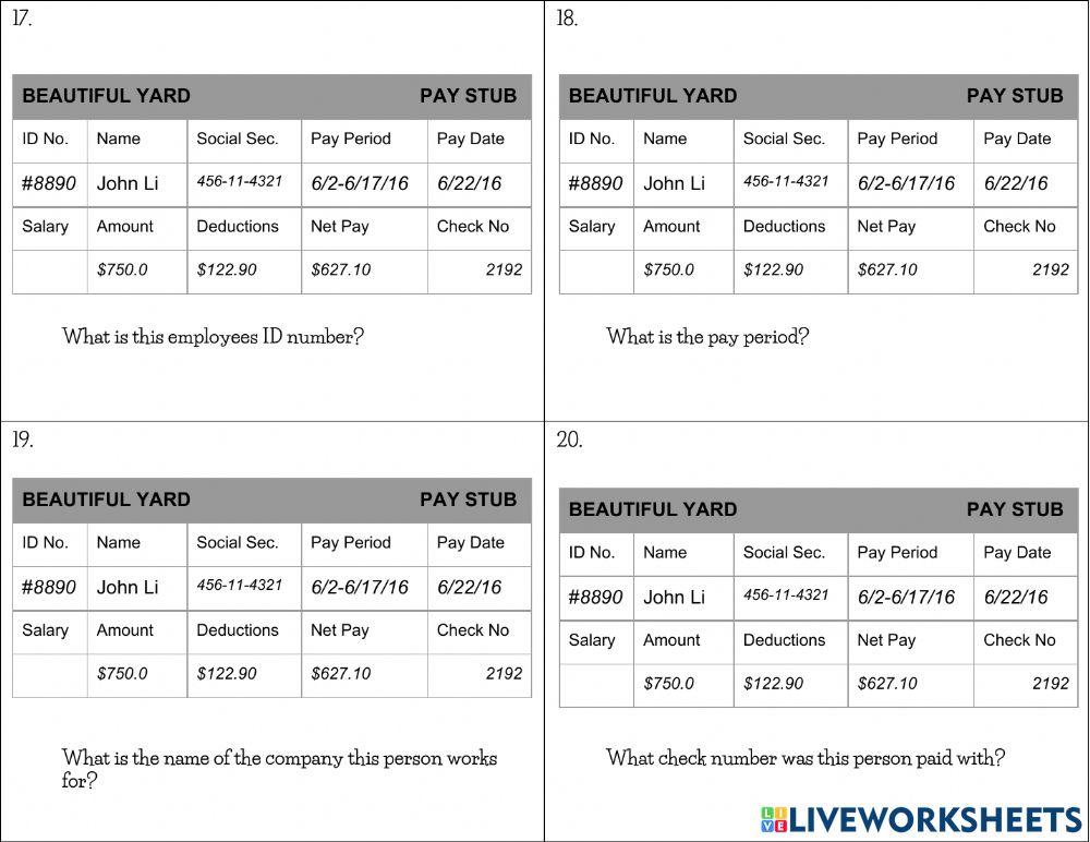 Reading Pay Stubs worksheet | Live Worksheets