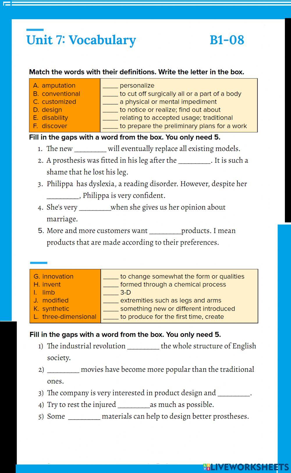 B1-08 Vocabulary Unit 7 Worksheet | Live Worksheets