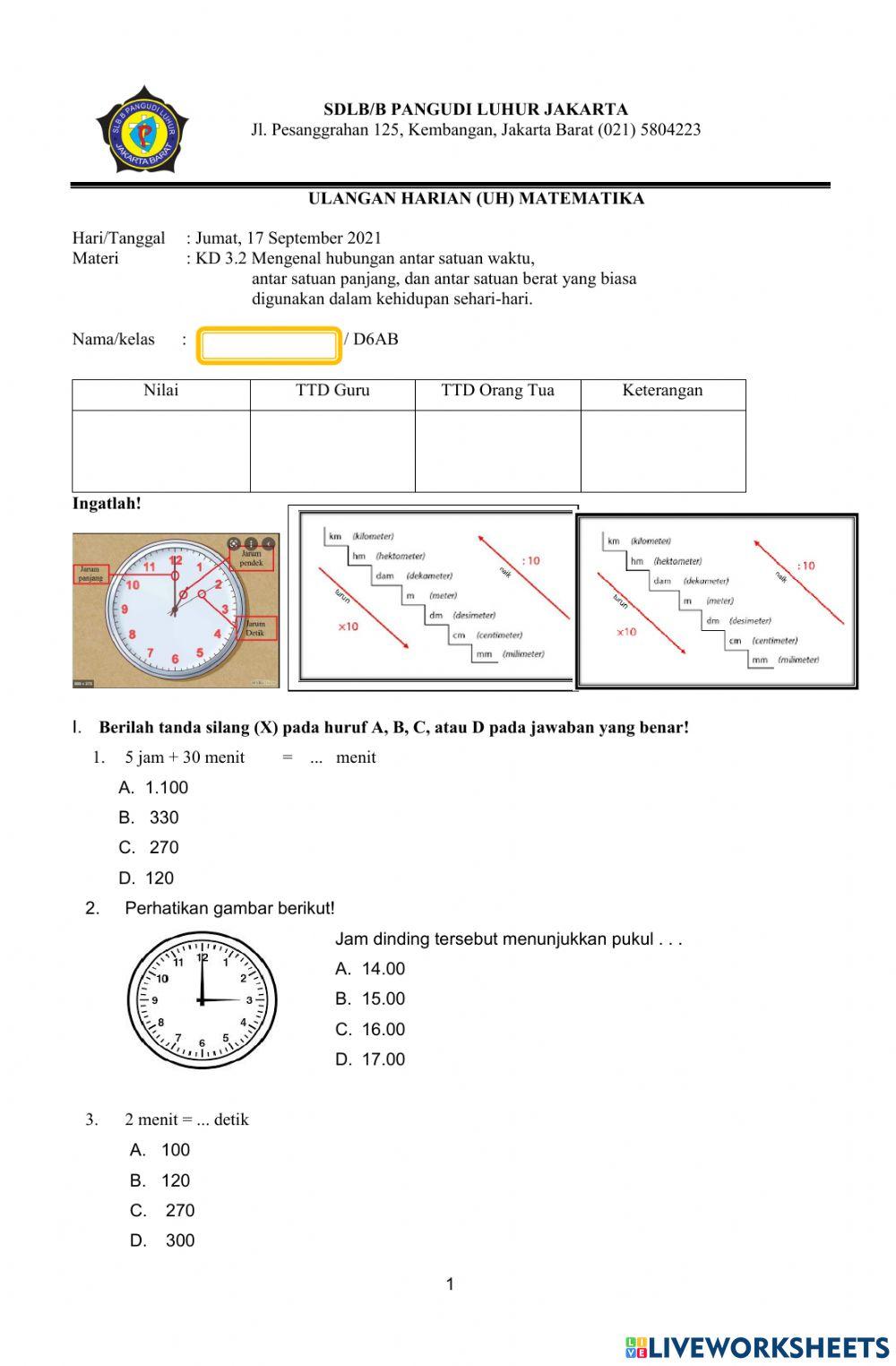 Matematika online exercise for Satuan waktu, panjang, berat | Live ...
