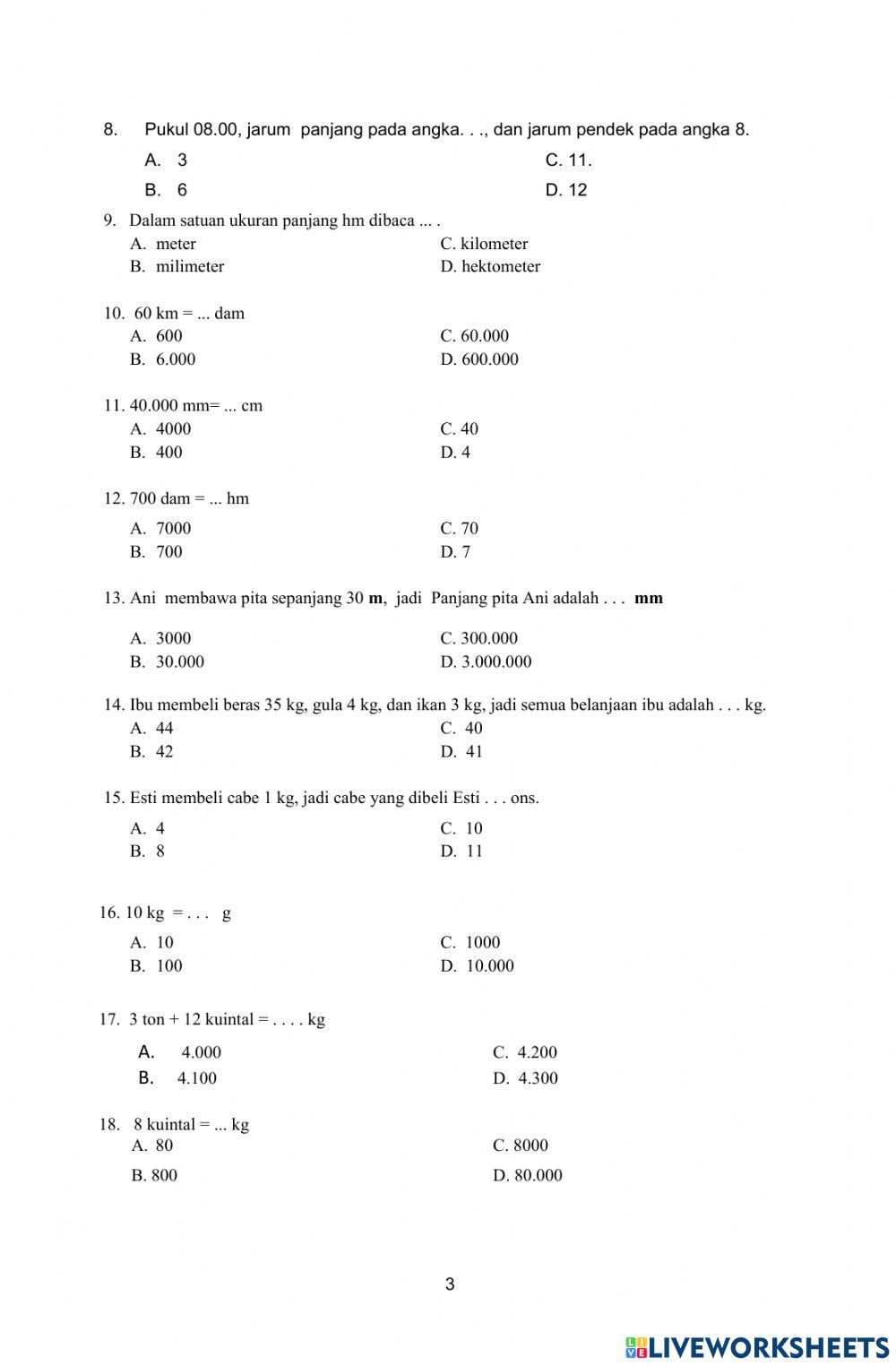 Matematika online exercise for Satuan waktu, panjang, berat | Live ...
