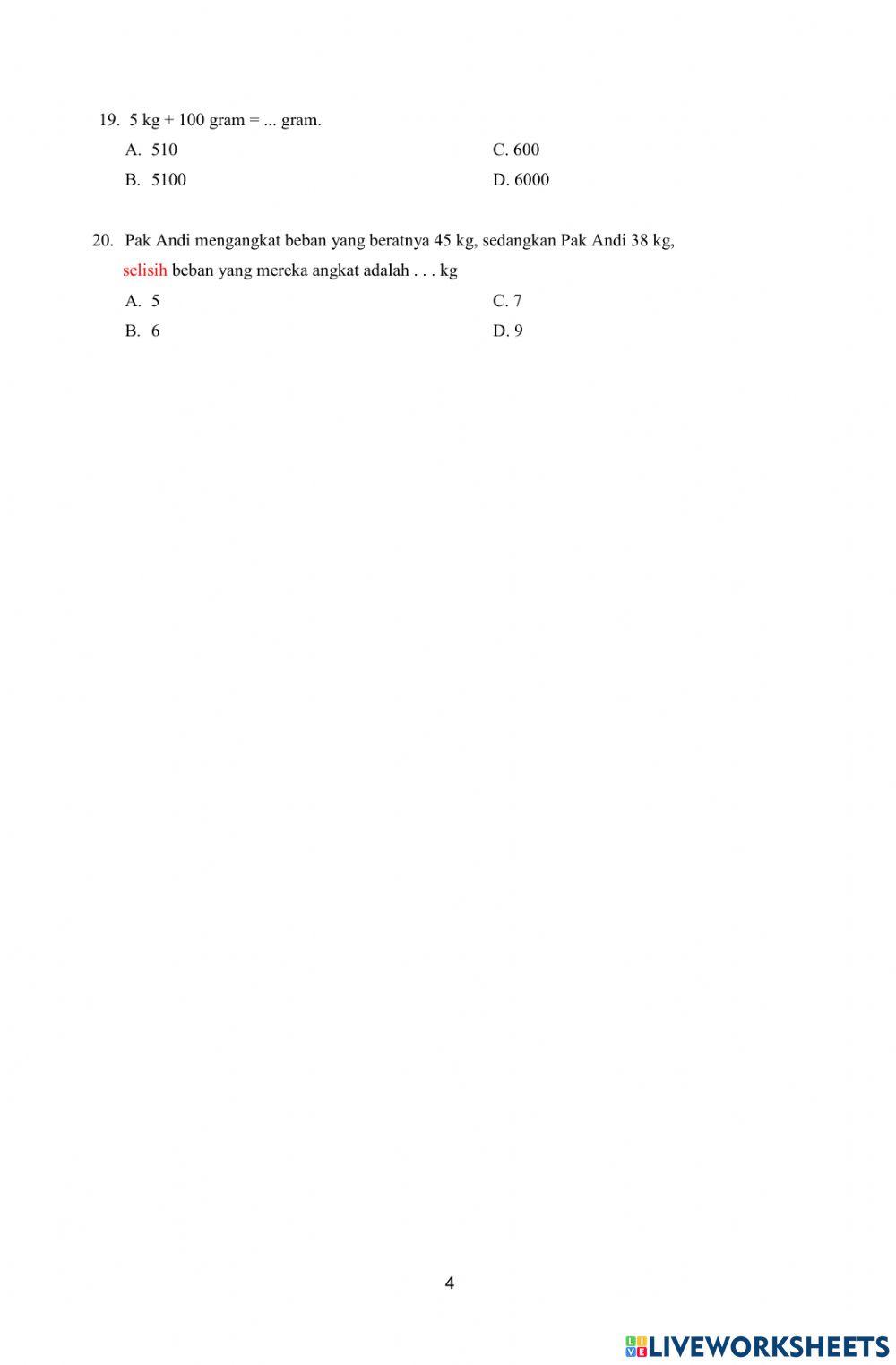Matematika online exercise for Satuan waktu, panjang, berat | Live ...
