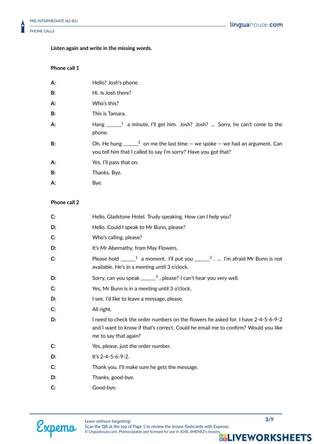 TELEPHONE LANGUAGE online exercise for | Live Worksheets