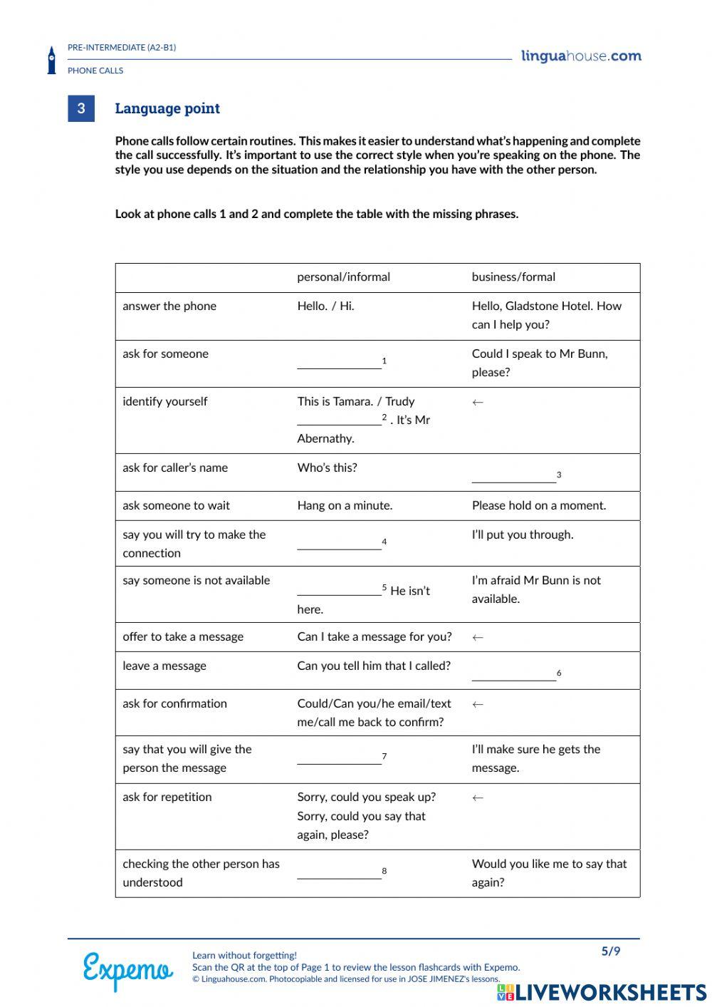 TELEPHONE LANGUAGE online exercise for | Live Worksheets