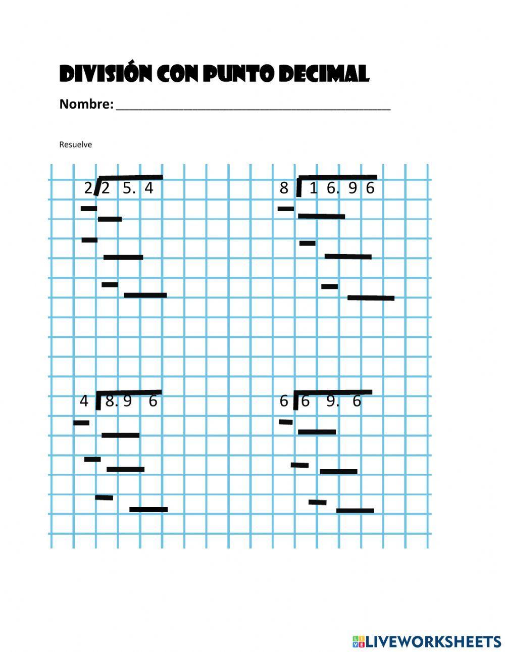 División con punto decimal interactive worksheet | Live Worksheets
