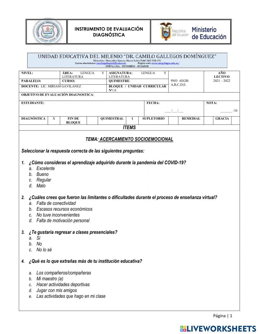 DIAGNÓSTICA NOVENO online exercise for | Live Worksheets DIAGNÓSTICA NOVENO online exercise for | Live Worksheets