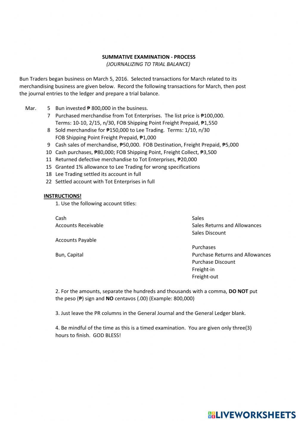 Process Examination for Journalizing to Trial Balance online exercise ...