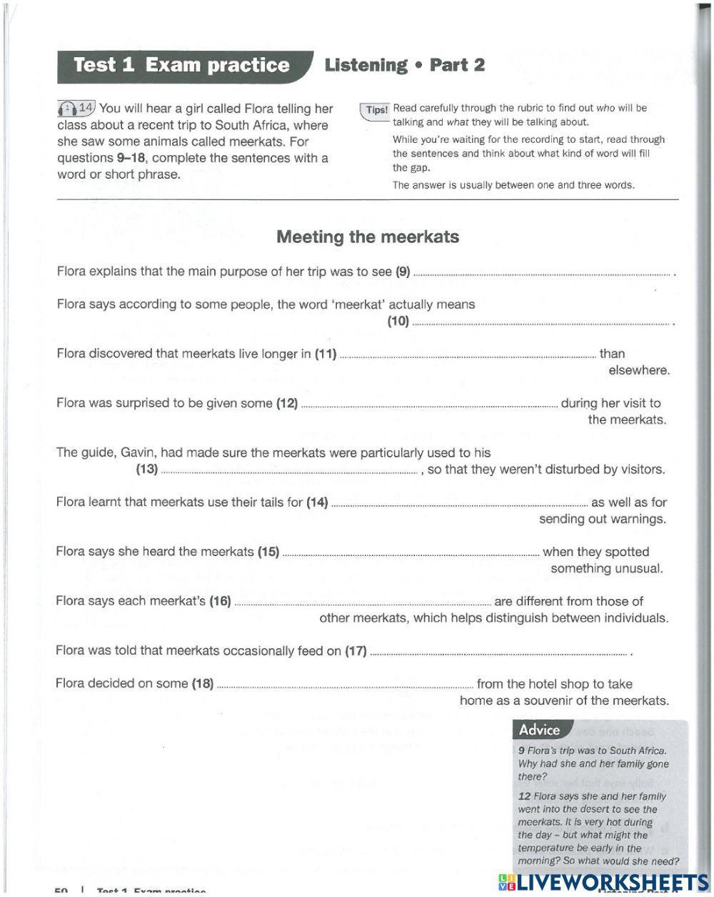 LISTENING TEST 1 PART 2 exam practice worksheet | Live Worksheets