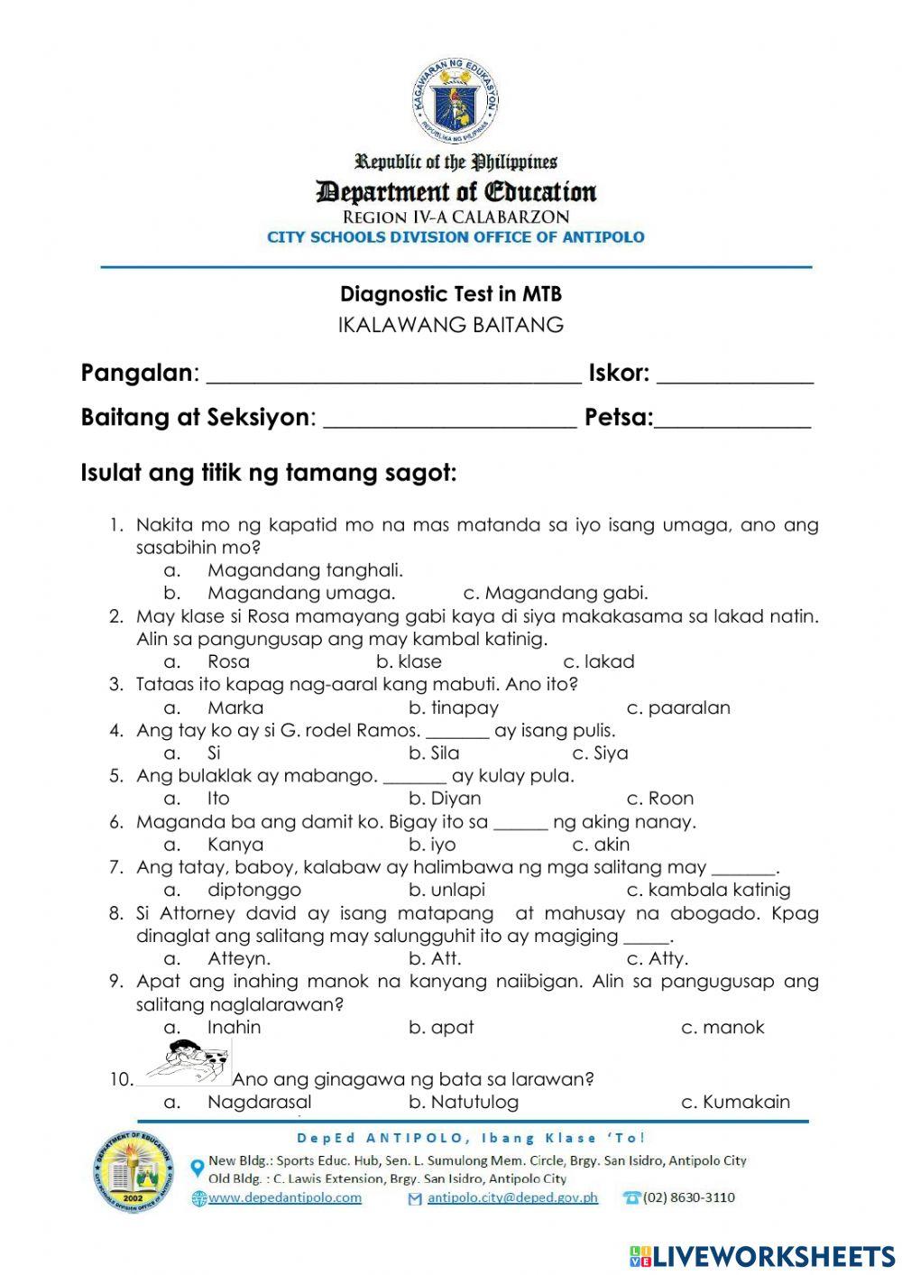 Diagnostic Test in MTB 2 worksheet | Live Worksheets
