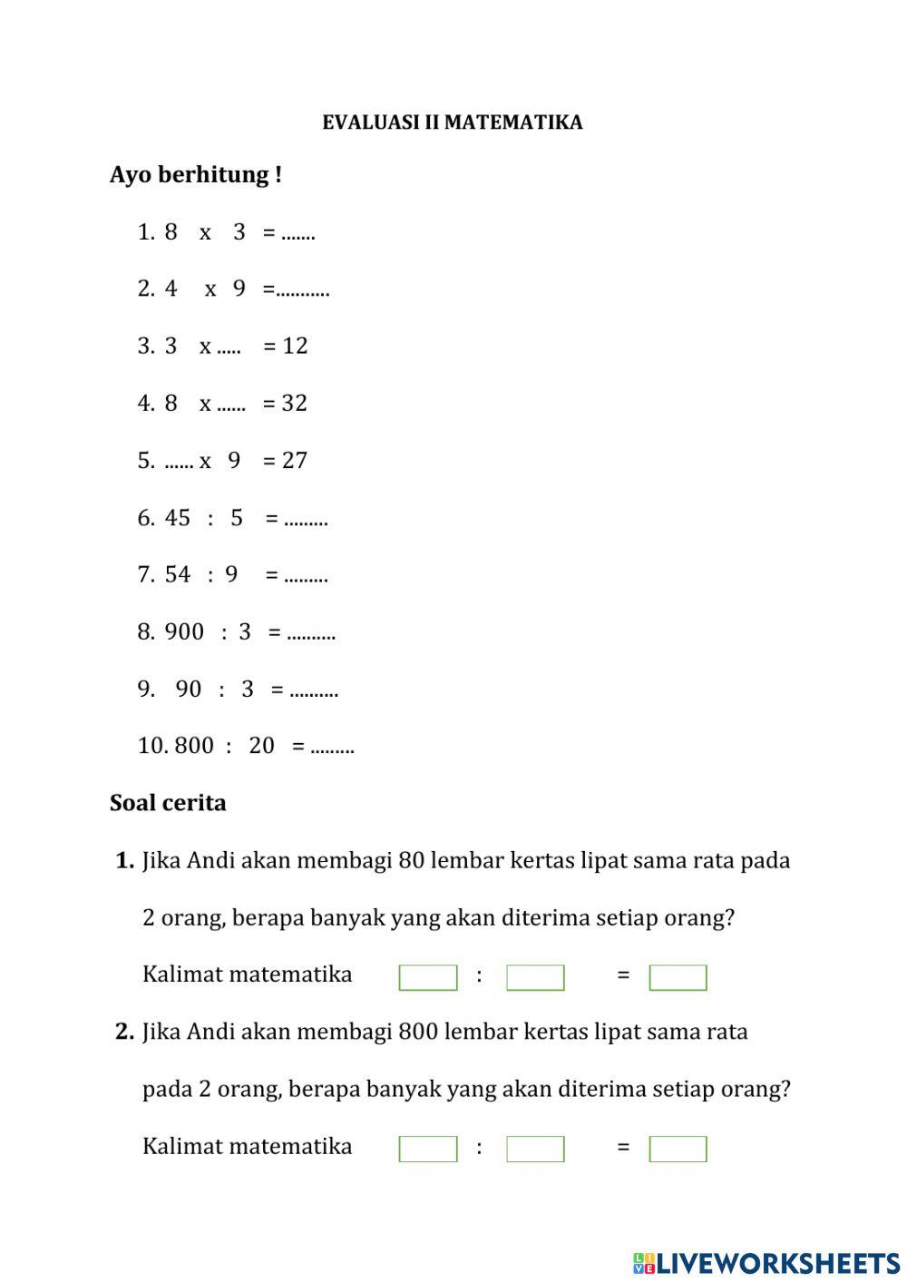 Evaluasi 2 Mtk worksheet | Live Worksheets