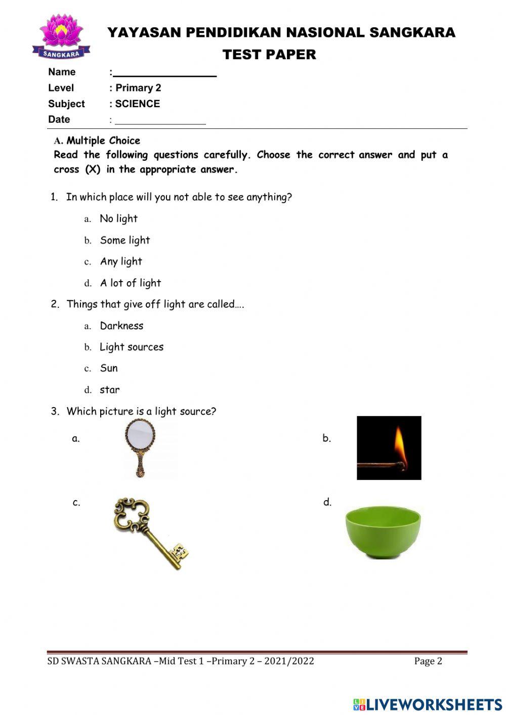 SCIENCE MID TEST - PRIMARY 2 online exercise for | Live Worksheets