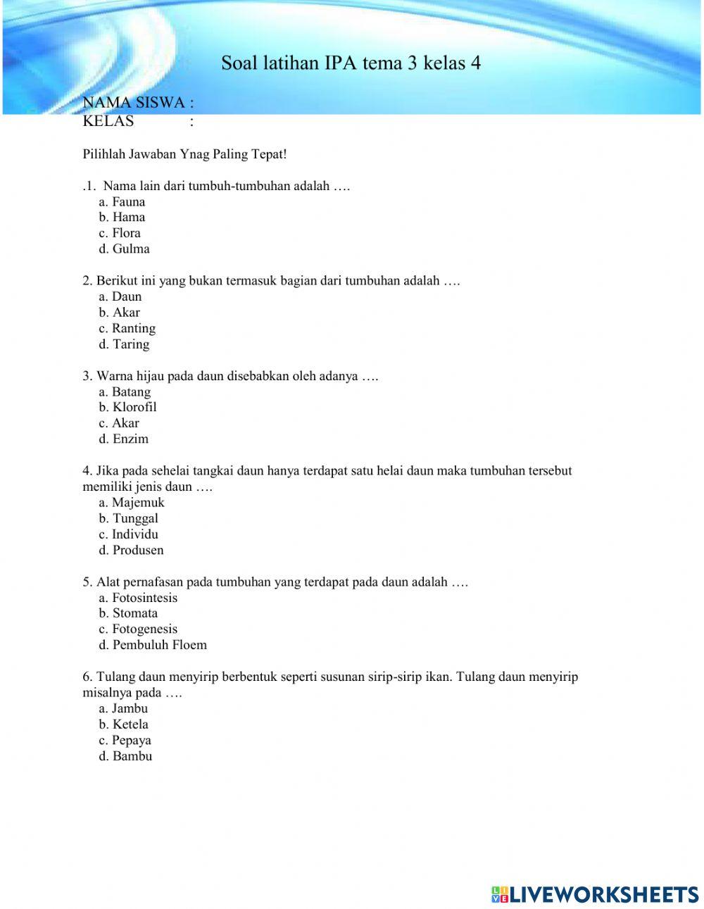 Rohimah ipa tema 3 kls 4 tumbuhan worksheet | Live Worksheets