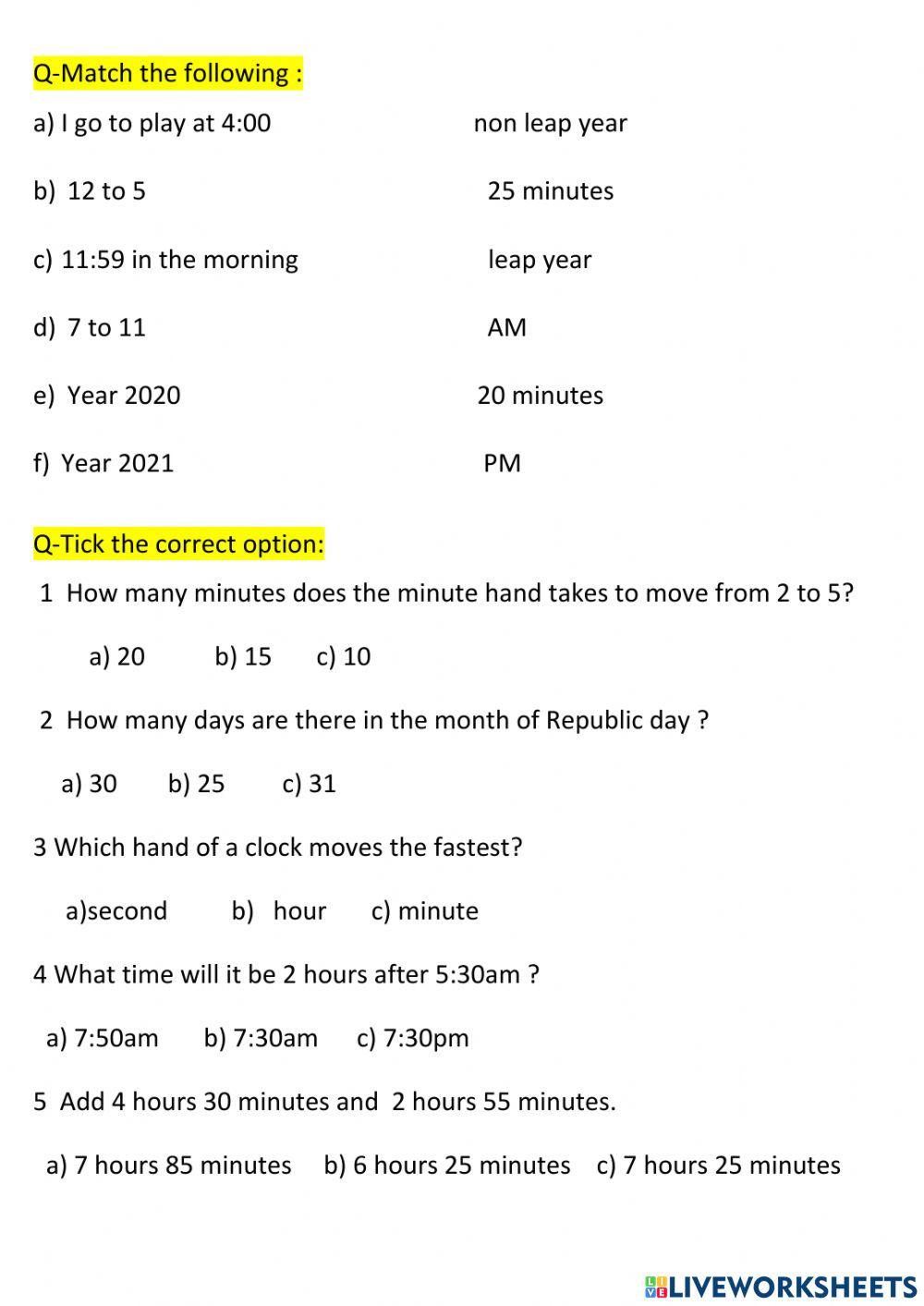 CLASS 4 TIME AND CALENDAR Online Exercise For Live Worksheets class-4-time-and-calendar-online-exercise-for-live-worksheets