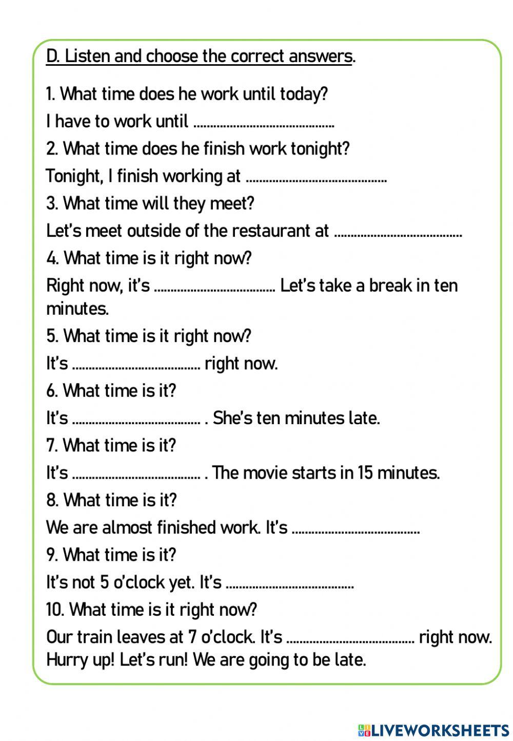 Vui9 ws listening time1 worksheet | Live Worksheets