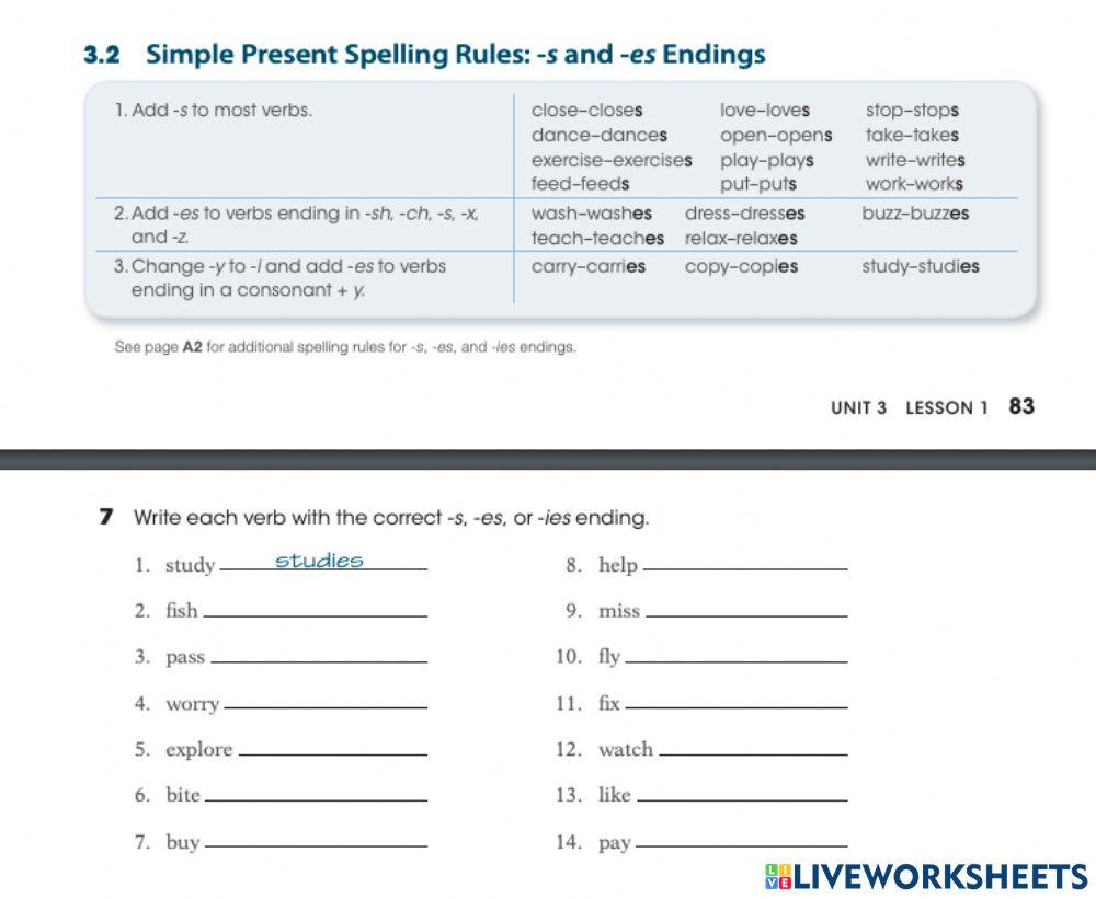Spelling rules: -s, -es online exercise for | Live Worksheets