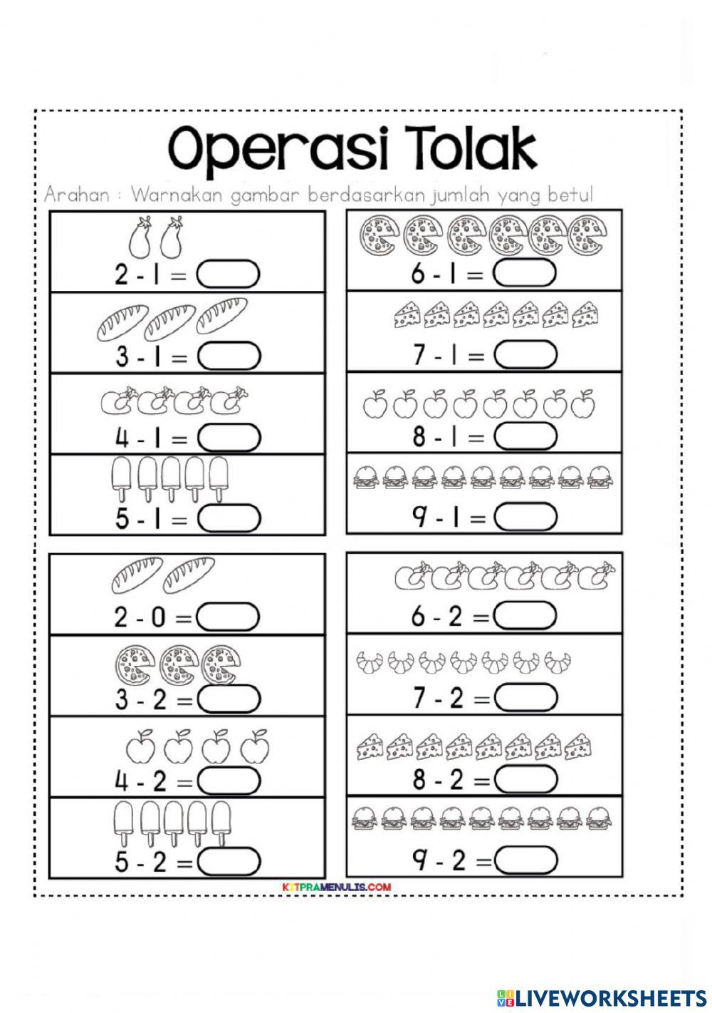 Konsep Nombor & Operasi Tolak worksheet | Live Worksheets