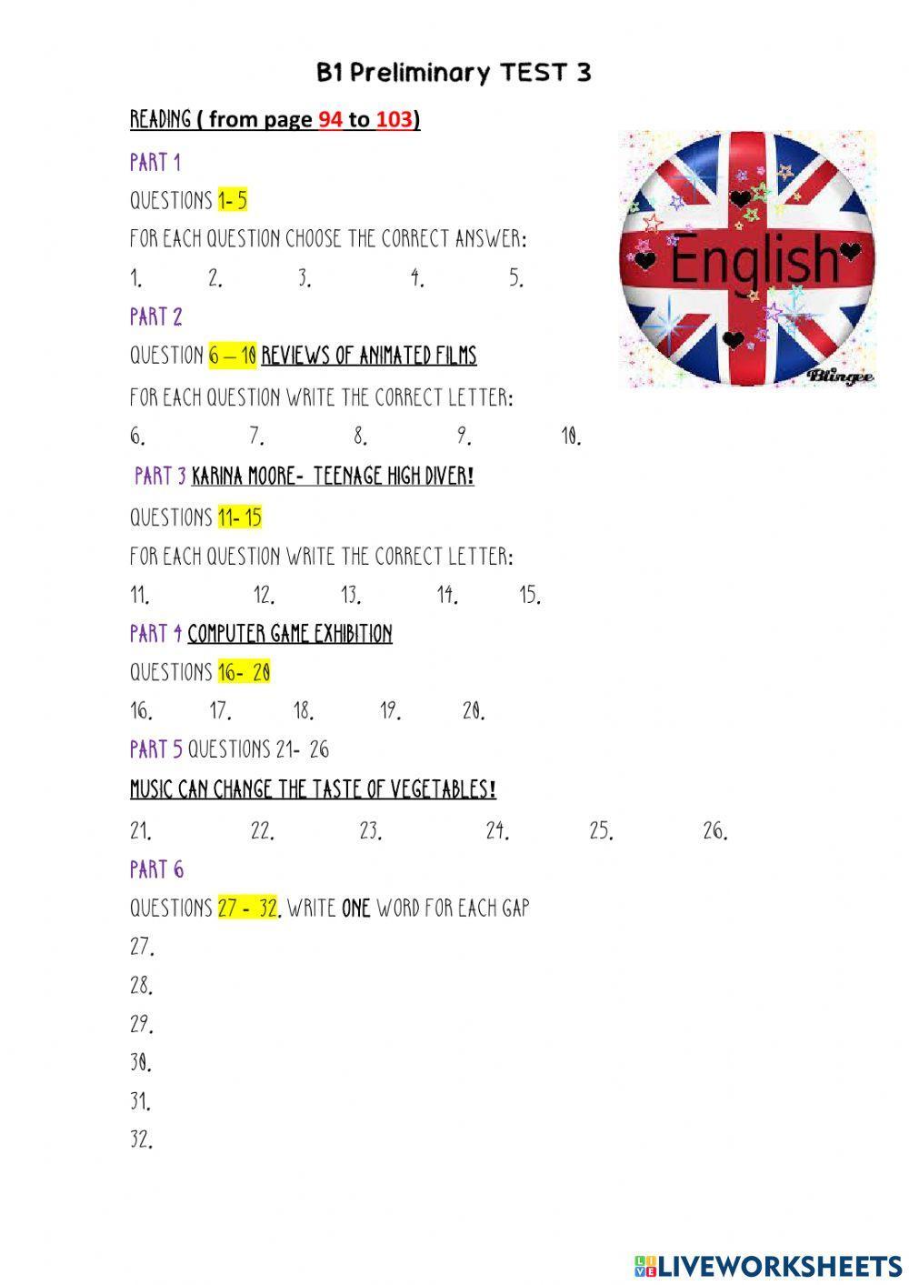 Answer sheet B1 TEST 3 READING worksheet | Live Worksheets