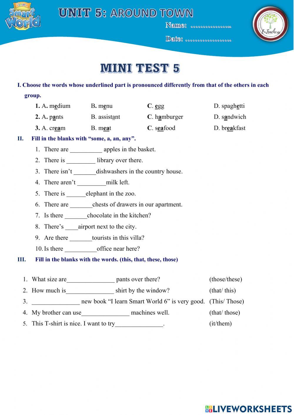 Mini test Unit 5 | ETeacherTeamPro | Live Worksheets