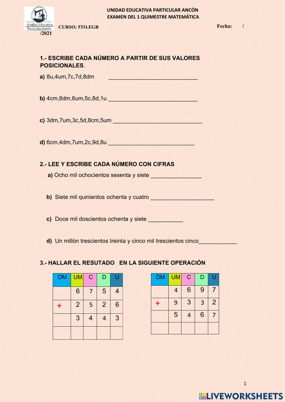 EXAMEN DE MATEM… | Free Interactive Worksheets | 5168089