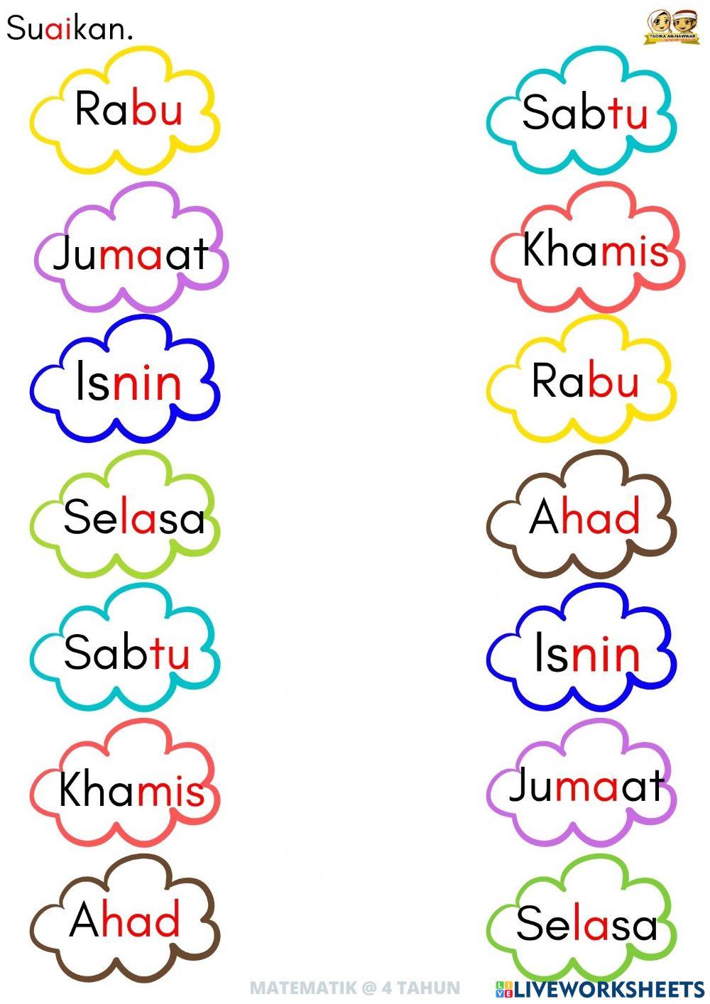 MATHS: Hari Dalam Seminggu worksheet | Live Worksheets