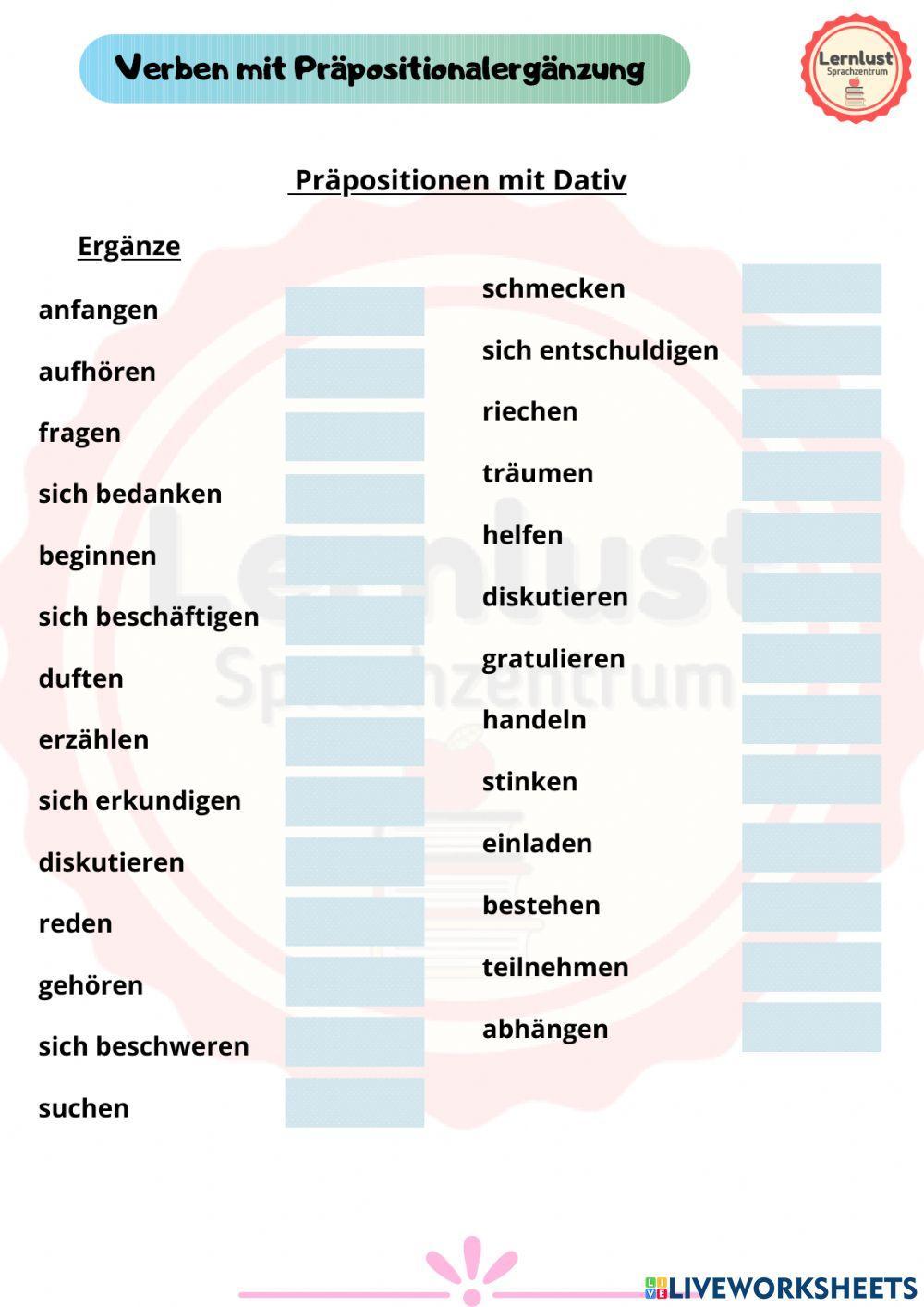 1406853 | Verben mit Präpositionen - Dativ | lernlustdaf