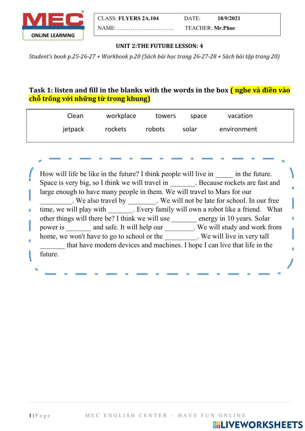 The future online pdf worksheet for 6 | Live Worksheets