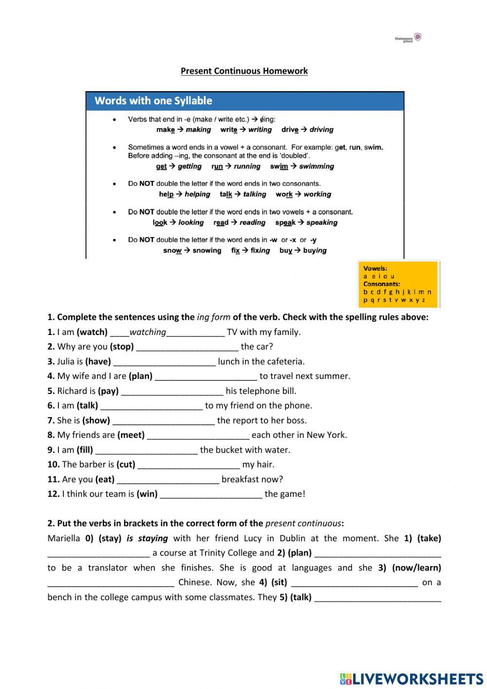 Present Continuous Homework | teacherOanaV | Live