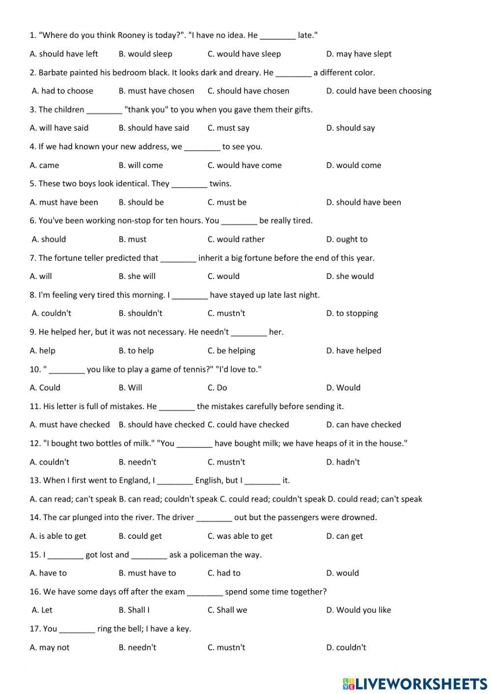 Modal verb 1409026 | ngocdinh | Live Worksheets