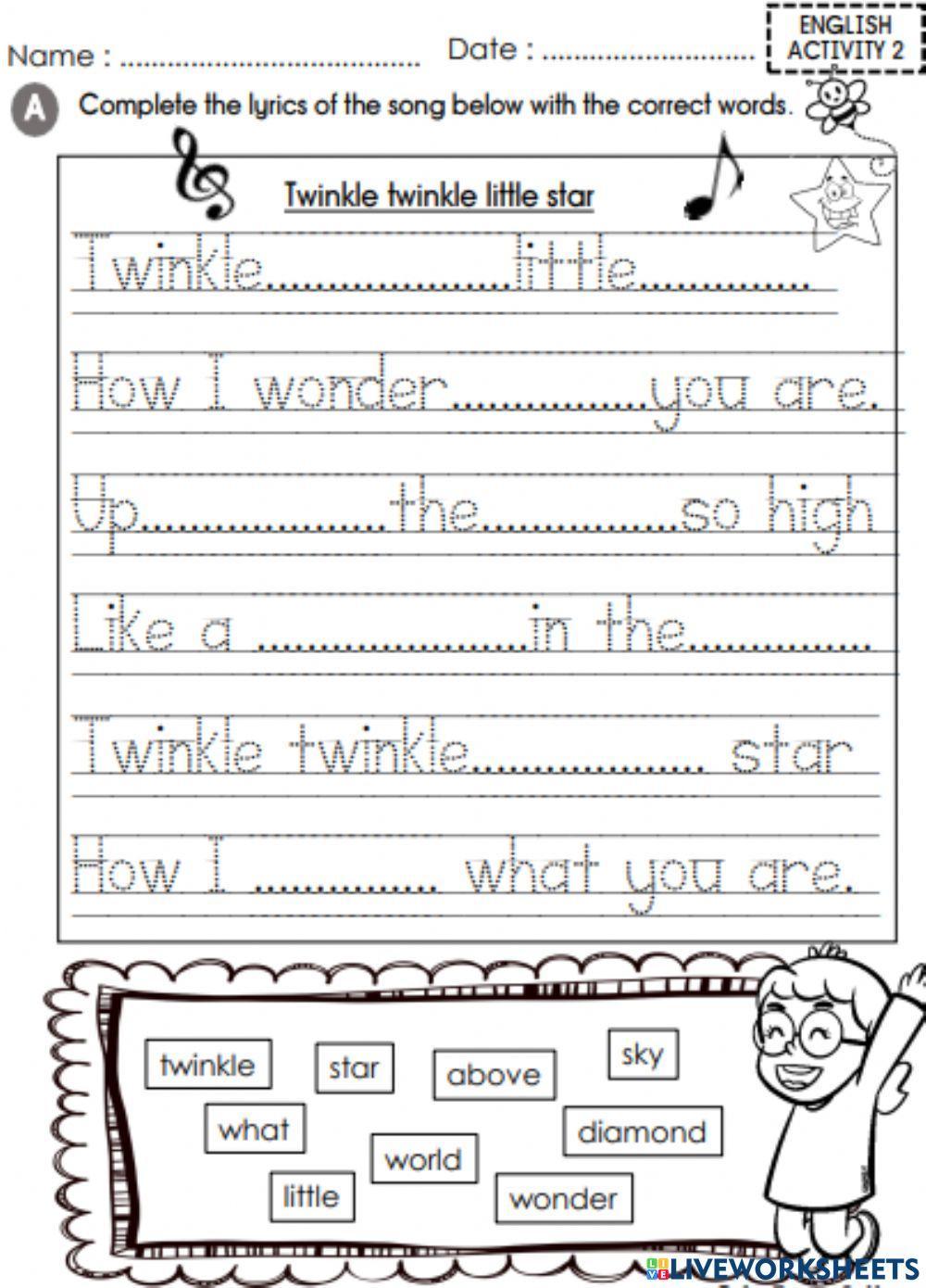 Fill lyric twinkle little star worksheet | Live Worksheets