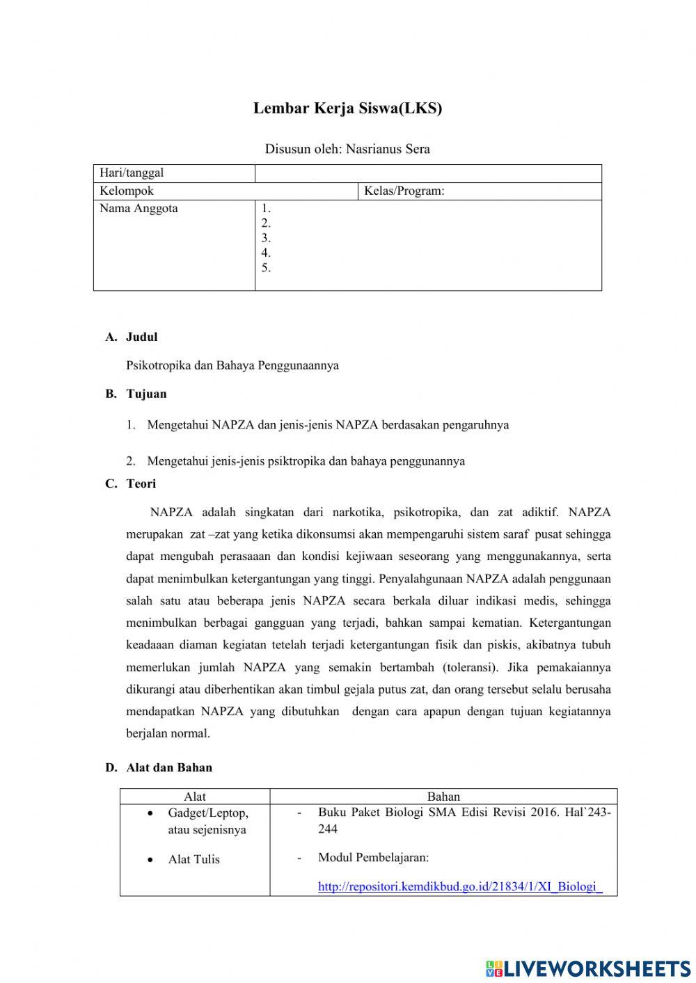 Lembar Kerja Pesserta Didik Psikotropika worksheet | Live Worksheets