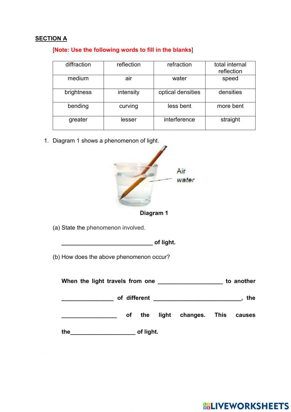 REFRACTION OF LIGHT FORM 4 PHY online exercise for | Live Worksheets