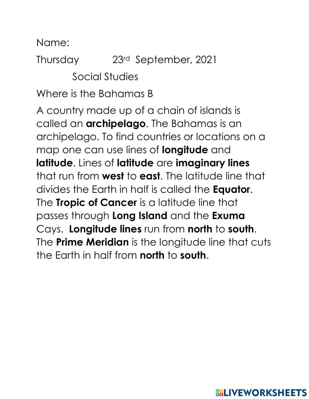 Where is The Bahamas Part B Notes worksheet | Live Worksheets