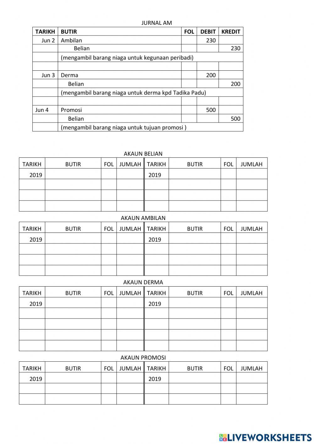 pengeposan ke lejar dari Jurnal Am worksheet | Live Worksheets