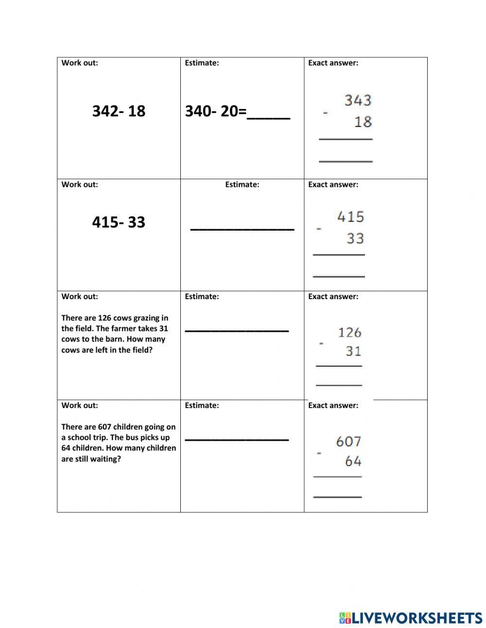 Column Subtraction activity | Live Worksheets